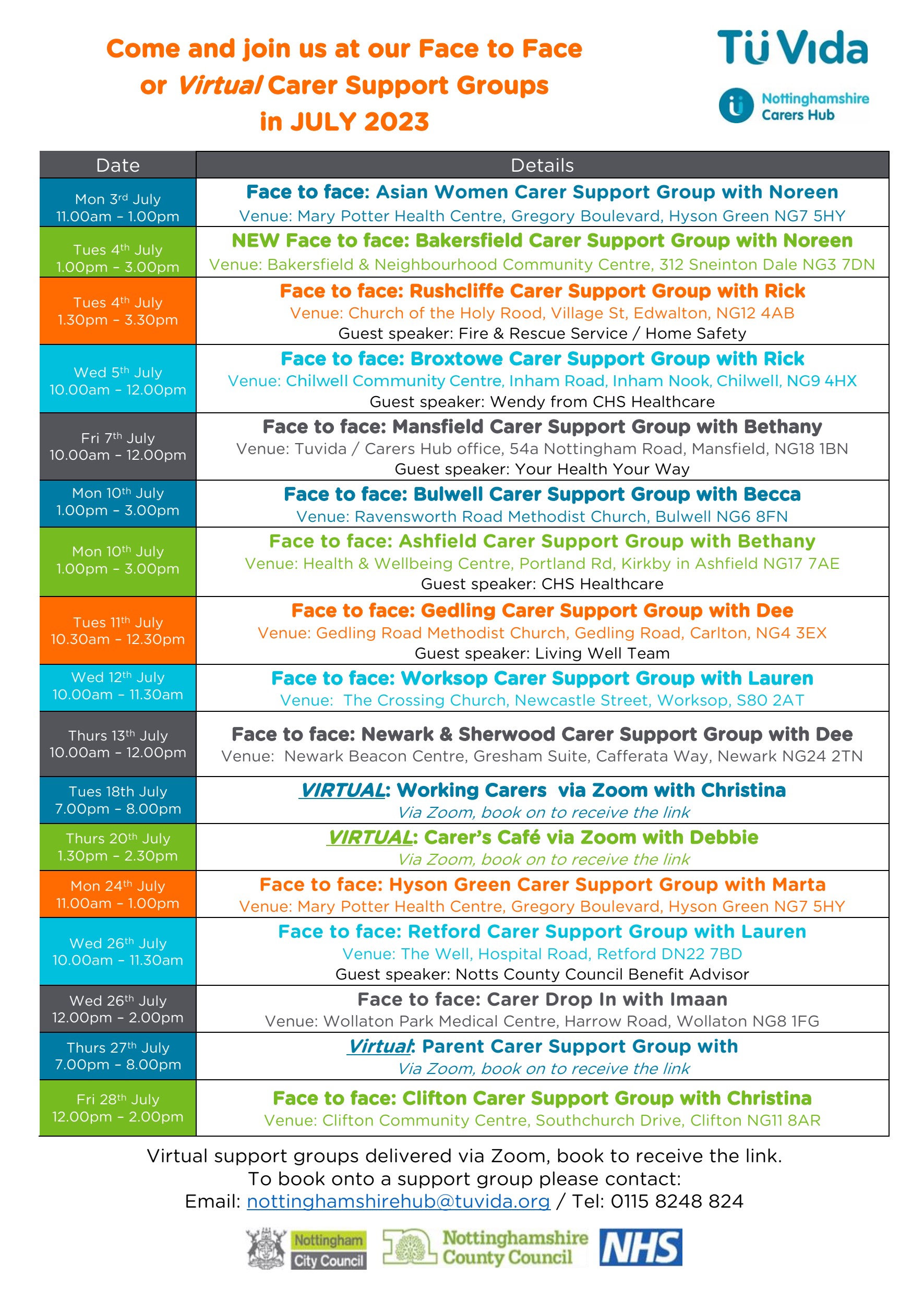 Support Groups and Activities for Carers July 2023