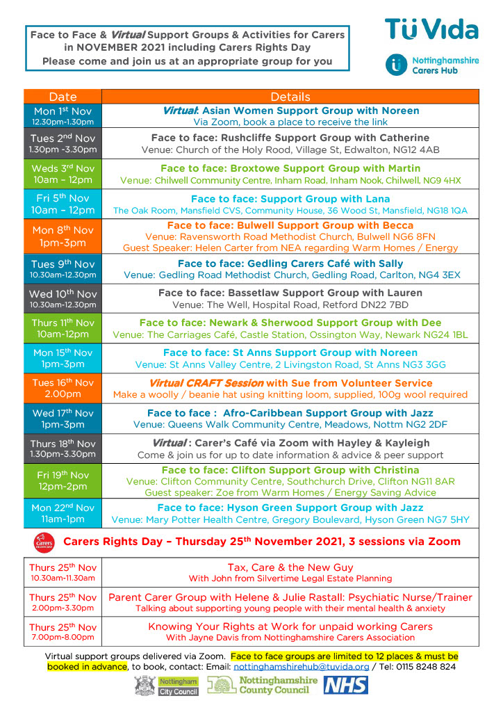 Support Groups & Activities for Carers November 2021