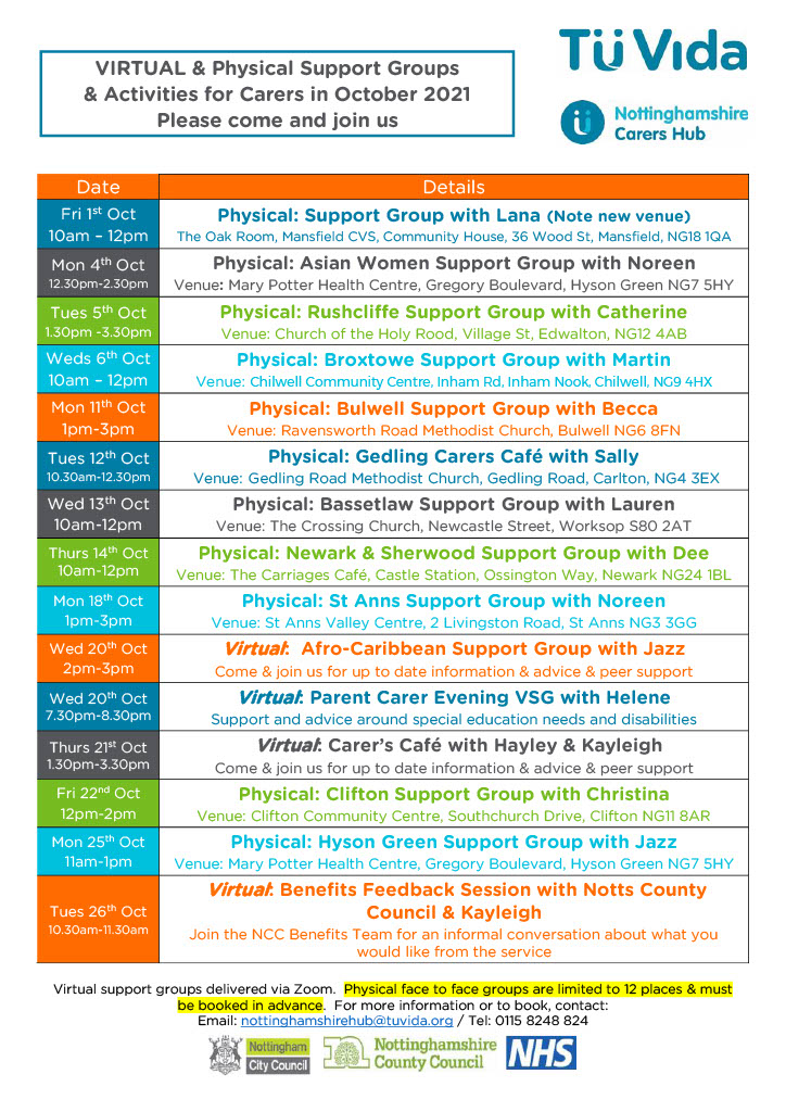 Support Groups & Activities for Carers October 2021