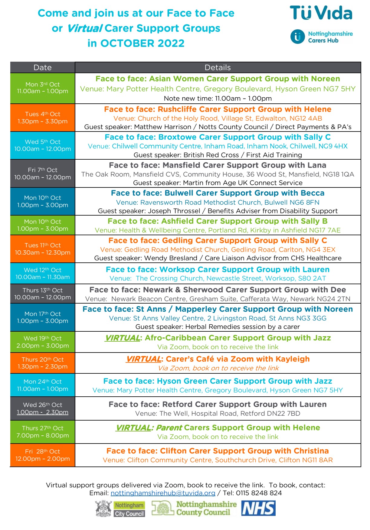 Support Groups and Activities for Carers October 2022